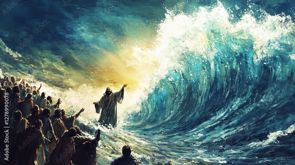 Moses parting the Red Sea oil painting, Passover exodus story, Israel ...