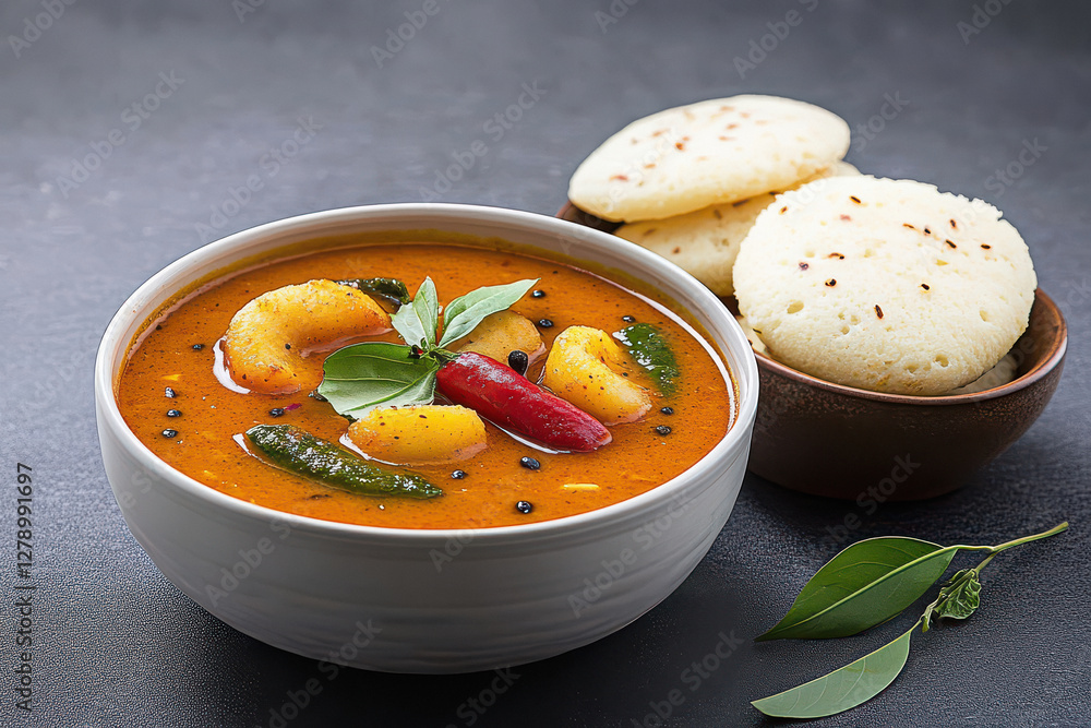 food photography of South Indian sambar with idli and vada on the side ...