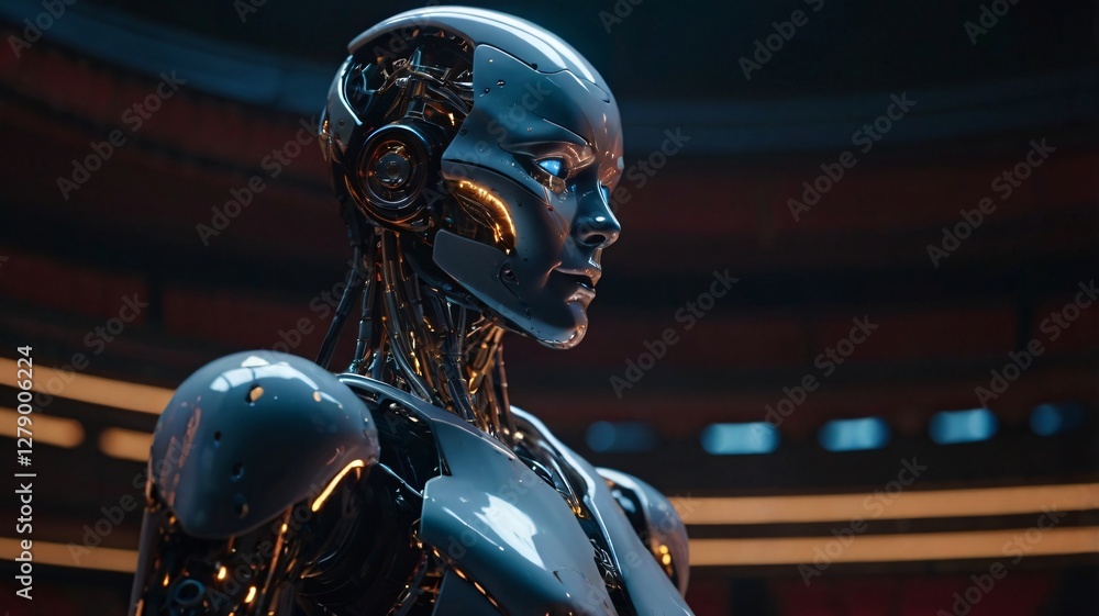 A humanoid robot actor performing in a futuristic theater, expressive ...
