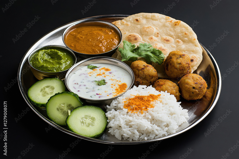 A silver plate with an Indian thali, featuring rice and sattu ball ...