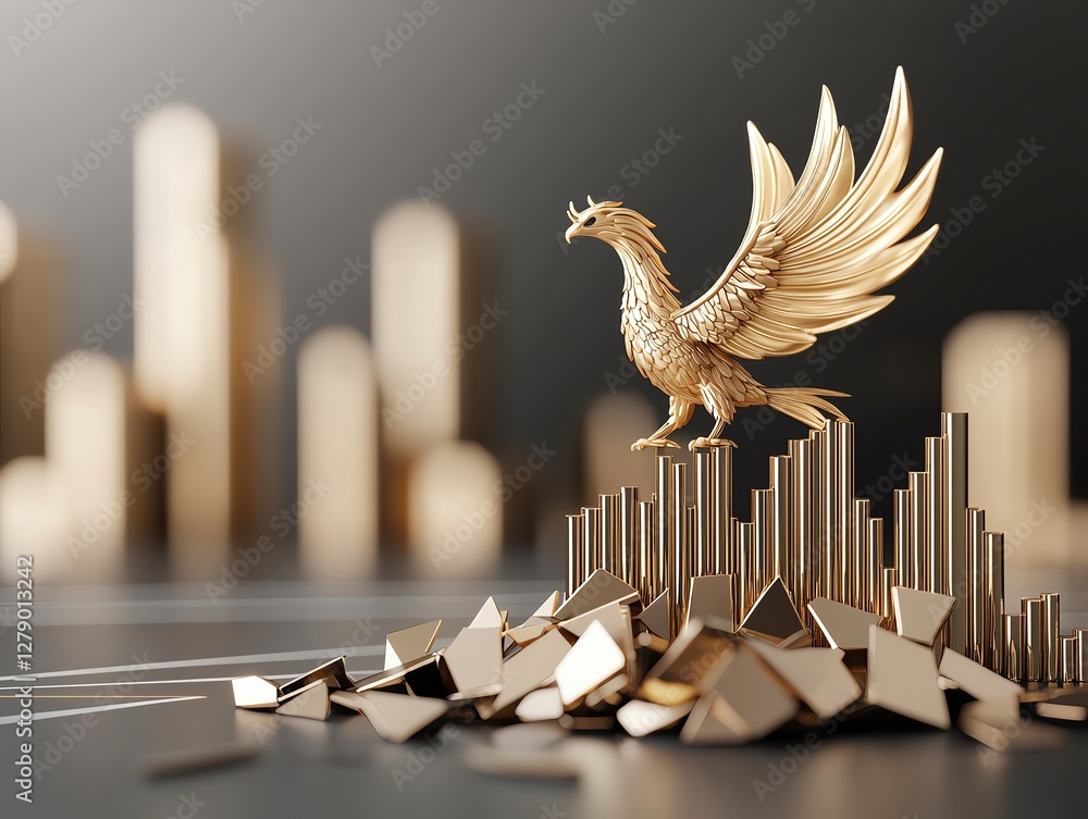 Economic Recovery A golden phoenix rising from a shattered stock market ...