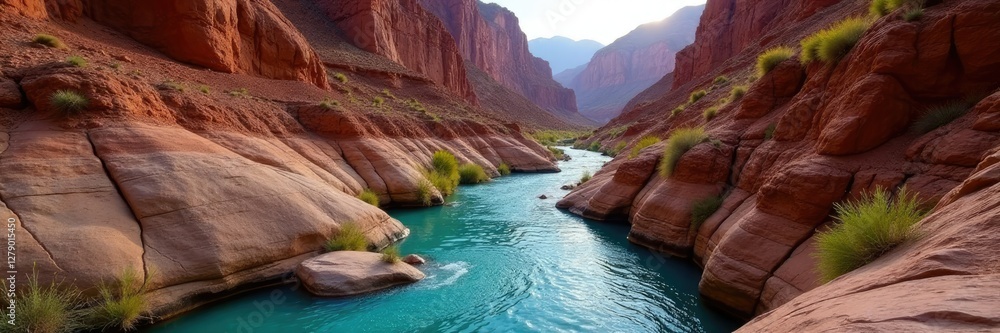 Rocky terrain with Colorado River flowing through a narrow gorge ...