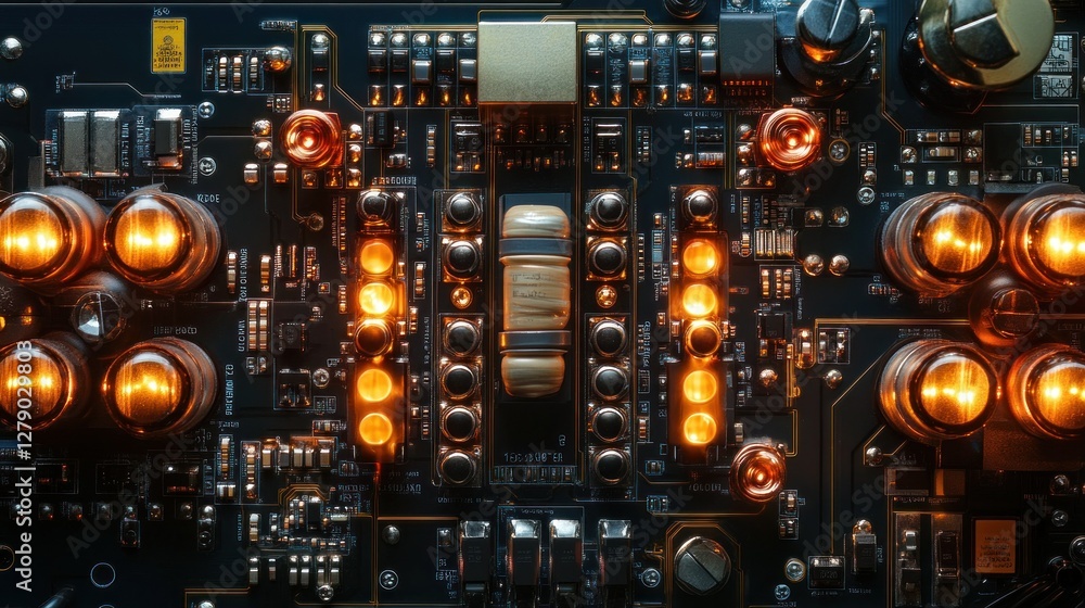 Complex electronic board of toroidal inductors, copper wire windings ...