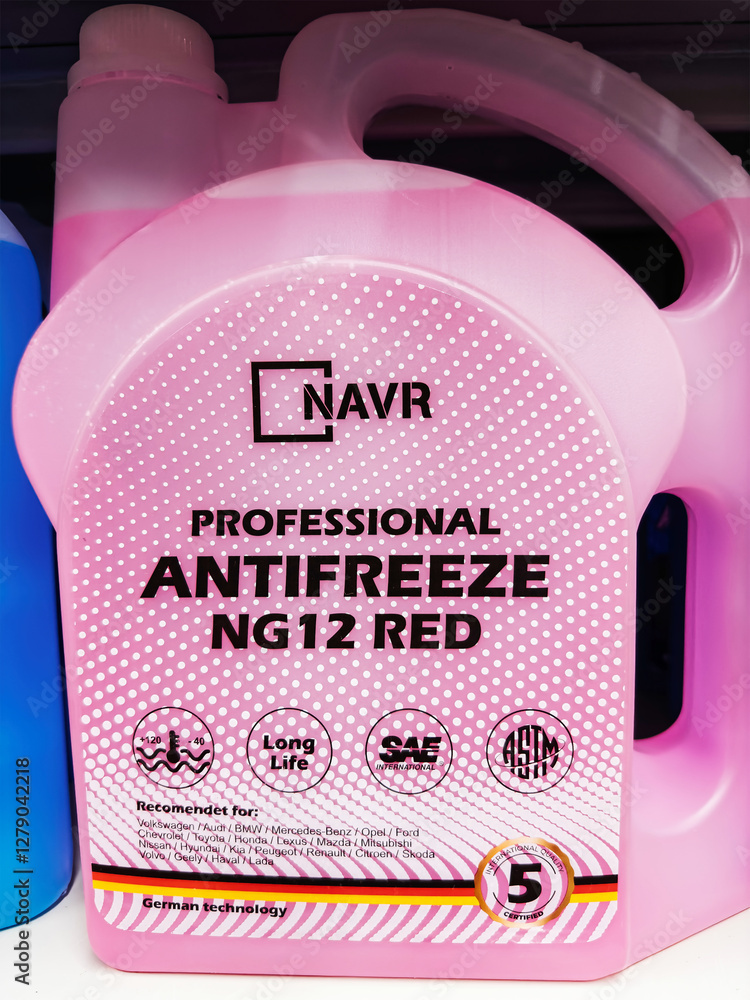 Pink container with NAVR antifreeze marked NG12 red, showing ...