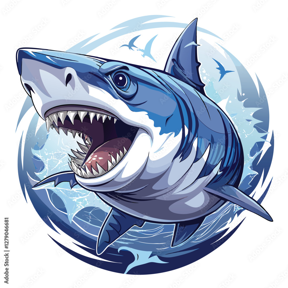 Render a photorealistic image of a great white shark gracefully ...