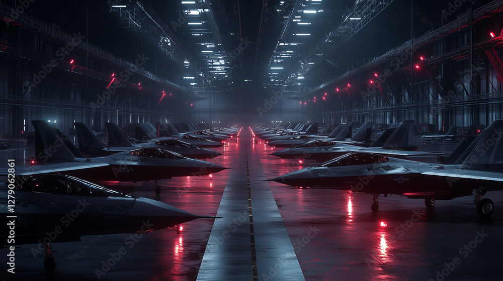 Giant hangar filled with unmanned fighter jets showcasing advanced ...