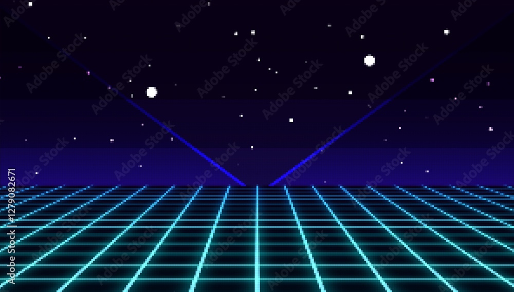 80s - 90s Retro Sci-Fi Background, pixel art 8 bit game style. surface ...