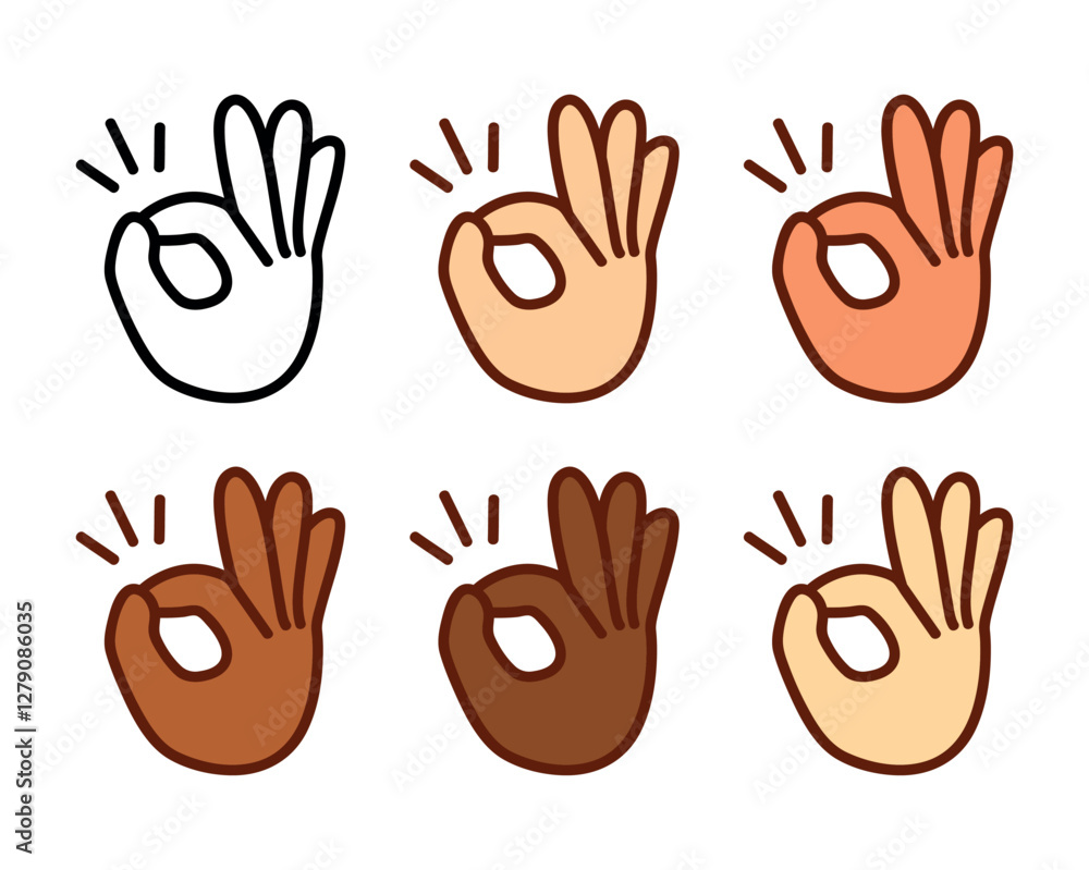 Cartoon OK hand gesture emoji icon in different skin colors Stock ...