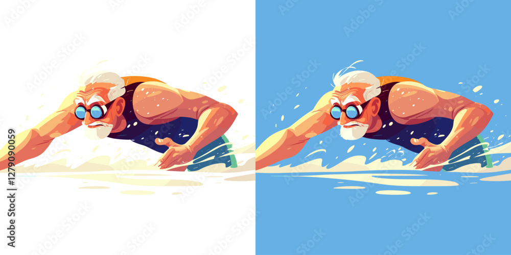 Vector illustration of swimming old man. Cartoon scene of an elderly ...