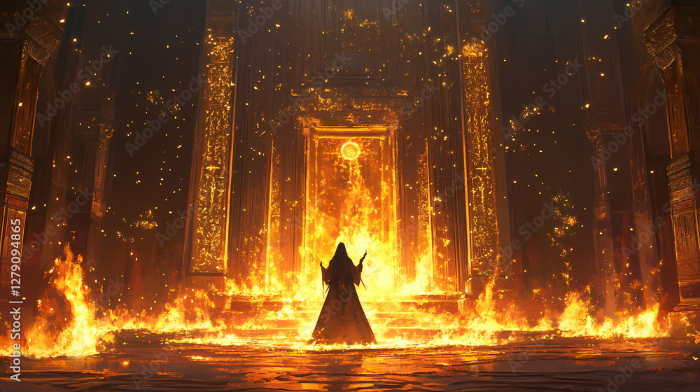 Drow high priestess performing a sacred ritual amidst golden flames in ...