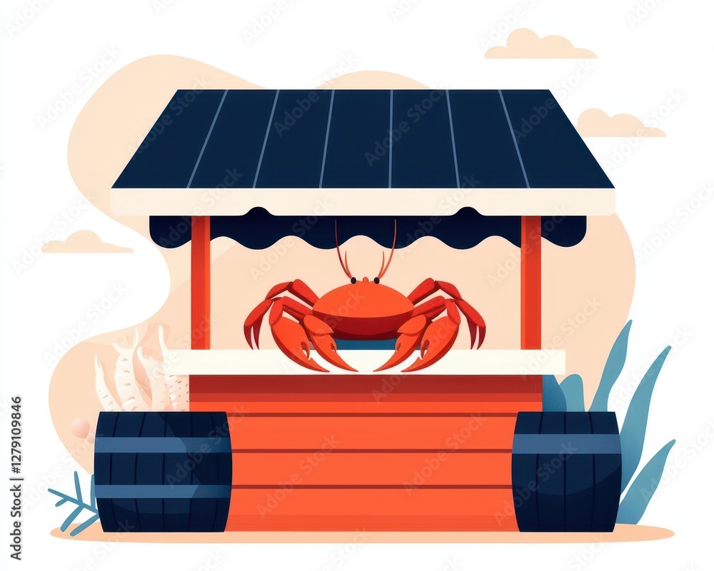 Seafood stall with crabs and lobsters, maritime atmosphere, flat design ...
