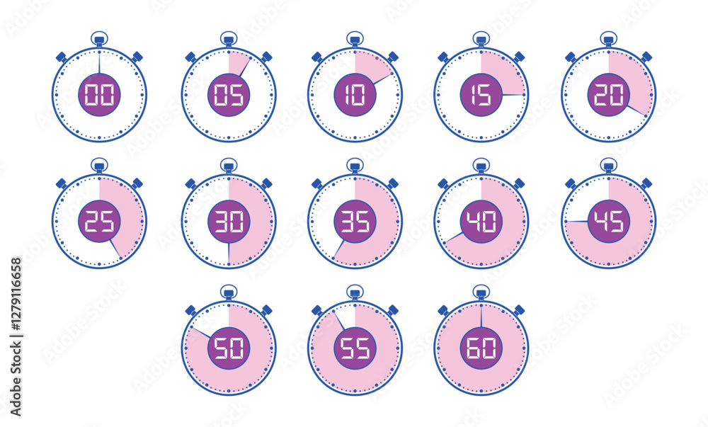 Layout of timers with time elapsing. Set of chronometers. Series of ...