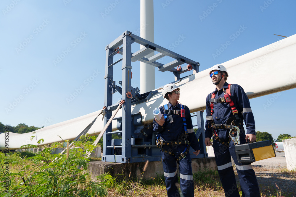 Engineers in safety gear conduct a detailed inspection of wind turbine ...