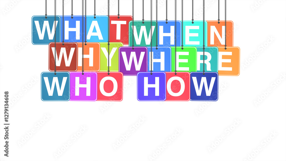 Ilustrace "What, When, Where, Why, Who, and How" text or words hanging ...