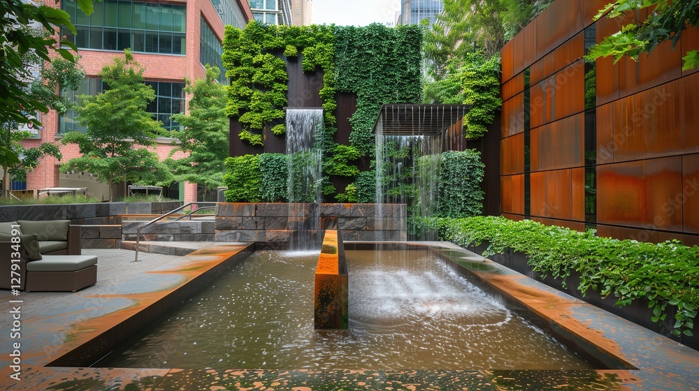 Stock-Foto „Artistic outdoor plaza with interactive water fountains ...