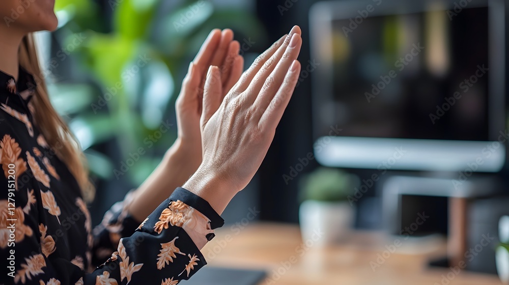 Close up view of hands clapping in an office environment expressing ...