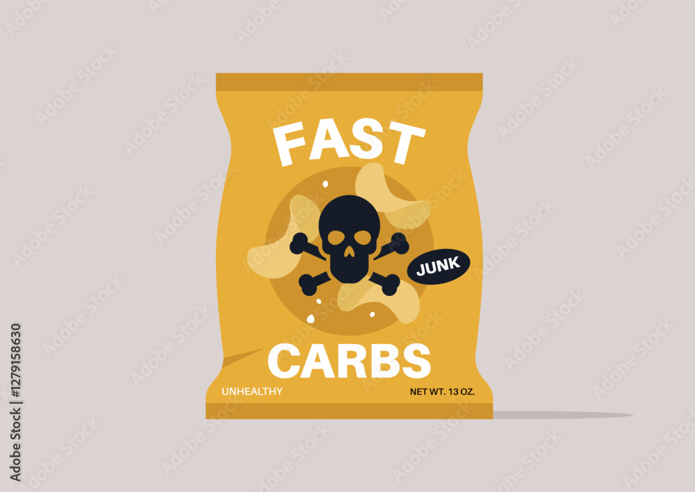 Potato chips pack displays vivid warning signs featuring a skull and ...
