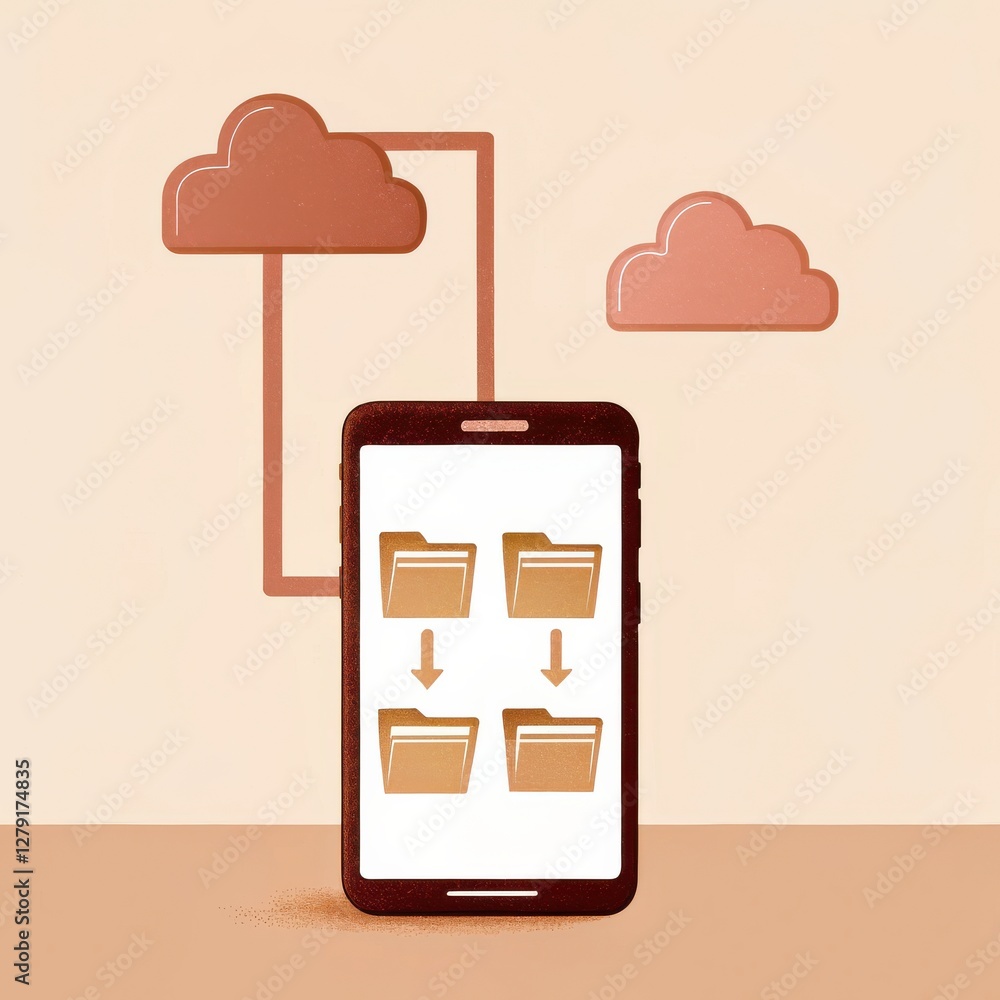 Conceptual artwork with mobile phone displaying folder icons with cloud ...
