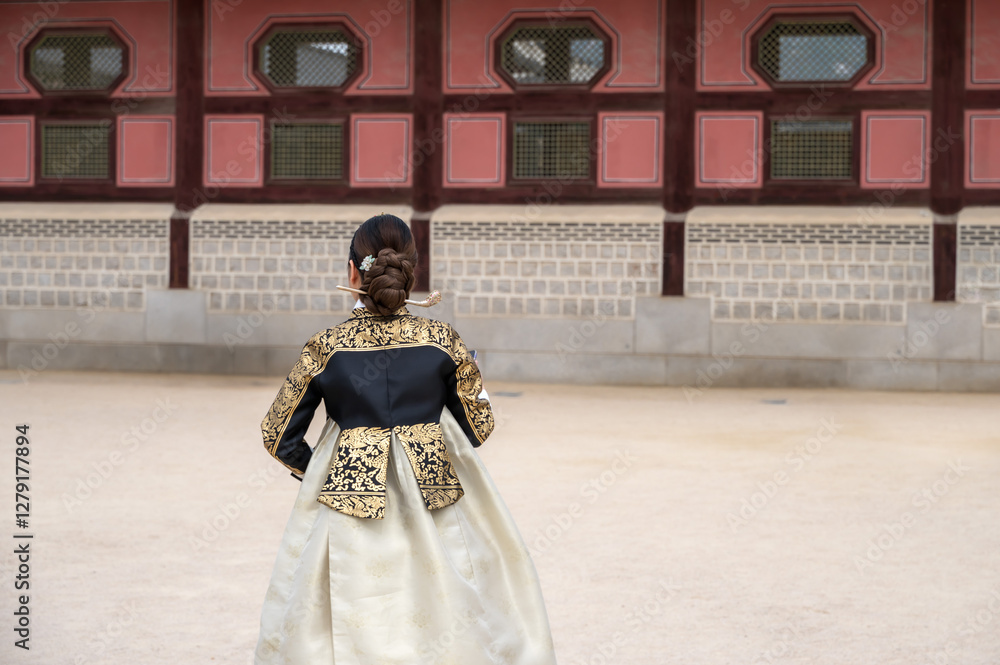 Back view Korean woman in colorful traditional Hanbok costumes walking ...