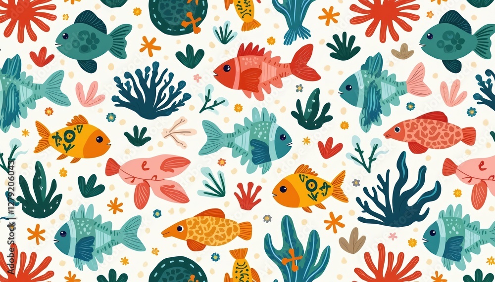 Seamless pattern with cute colorful fish, seaweed. Underwater world ...