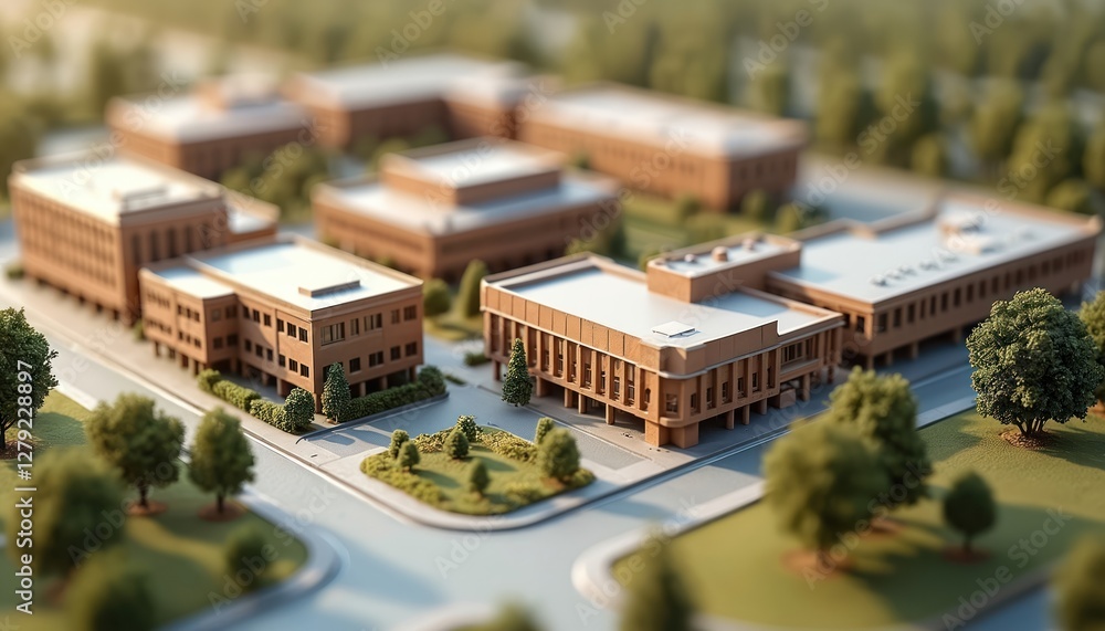Aerial view of realistic maquette representing educational campus with ...