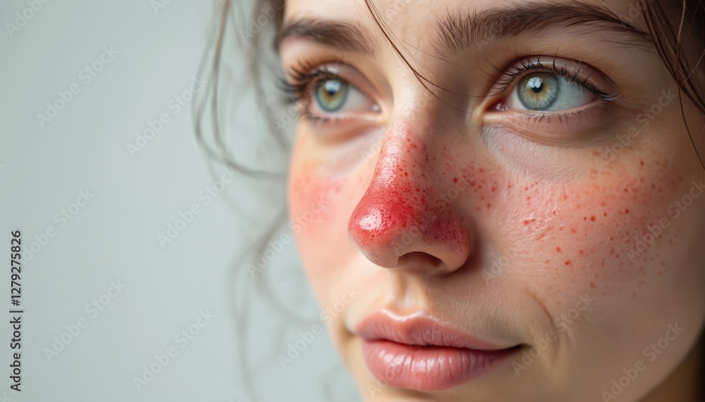 Close-up of woman face with red, inflamed nose, suggesting cold ...
