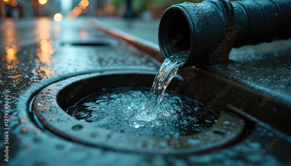 Urban rainwater flows into city storm drain from downpipe. Urban ...