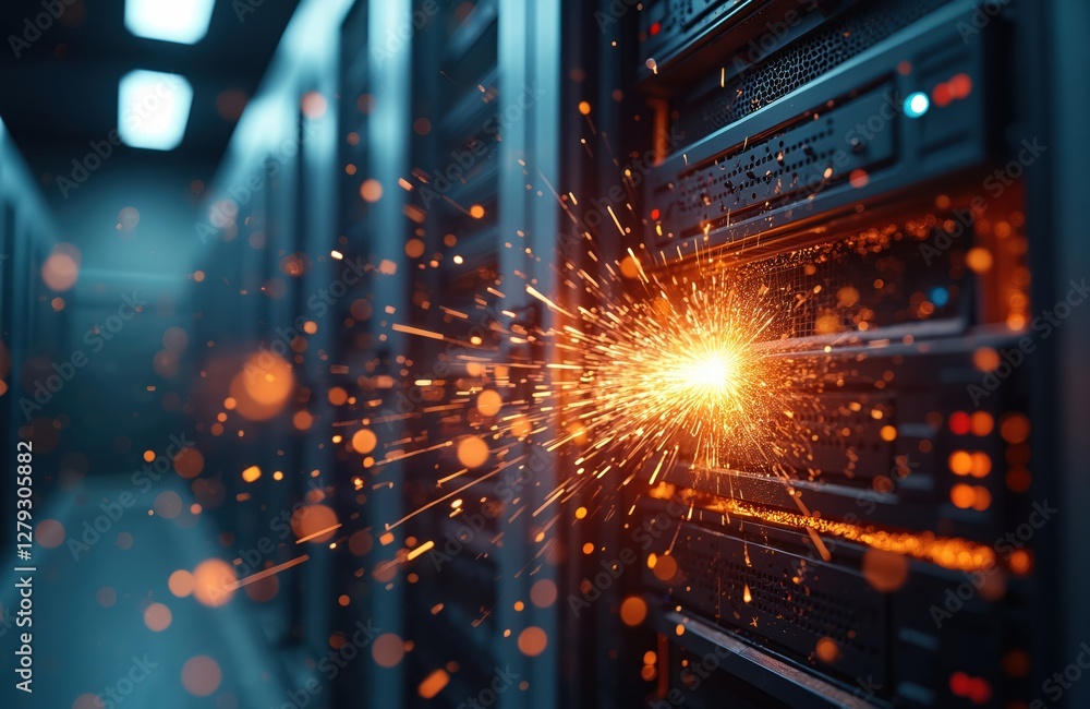 Critical system failure illustrated by sparks flying from server rack ...