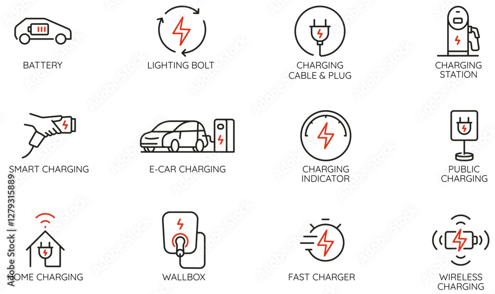 Vector Set of Linear Icons Related to Electric Vehicle Charging ...