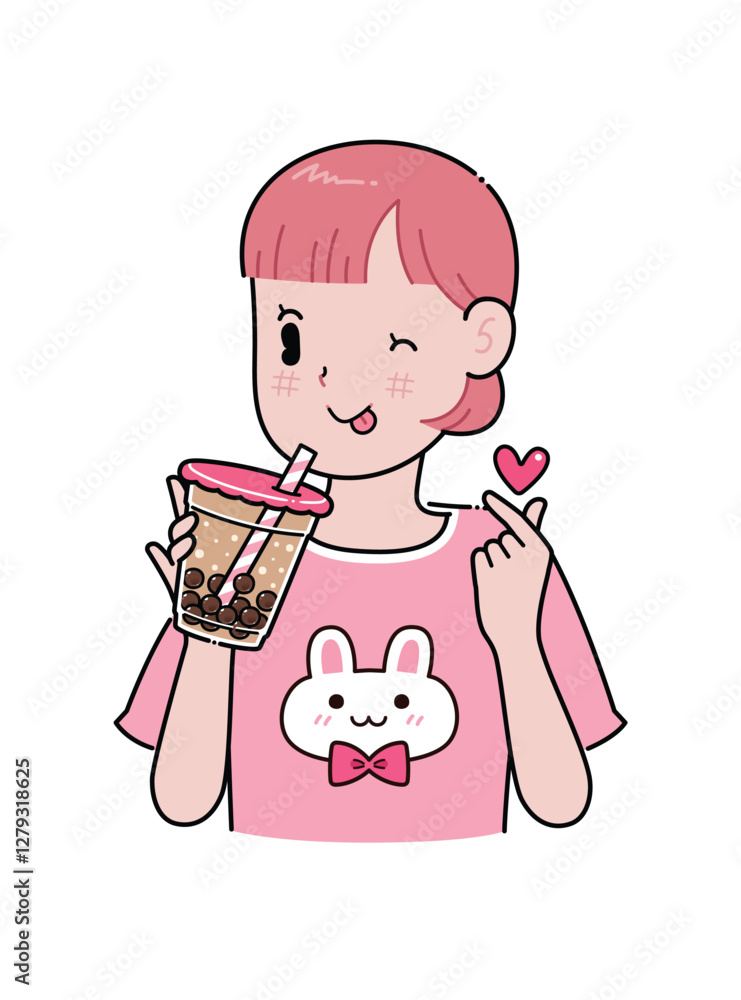 Young Girl Eating Boba Milk Tea With Showing Heart Shape Hand Sign ...