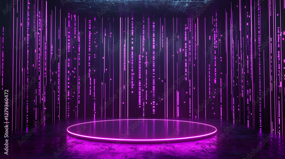 Dynamic neon data streams virtual studio digital art futuristic environment wide angle tech ...