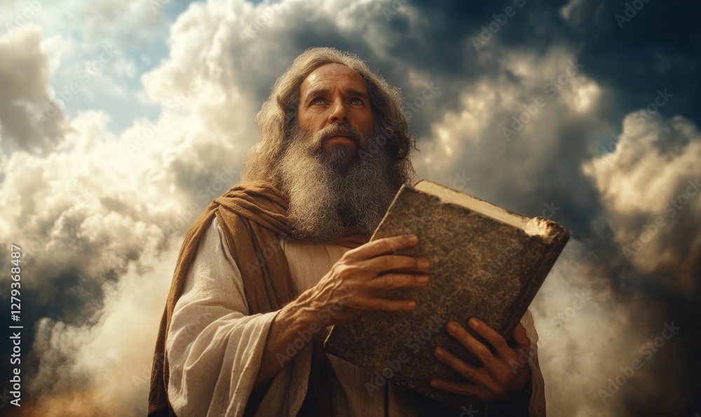 Moses Holding the Stone Tablets on Mount Sinai with Dramatic Sky ...