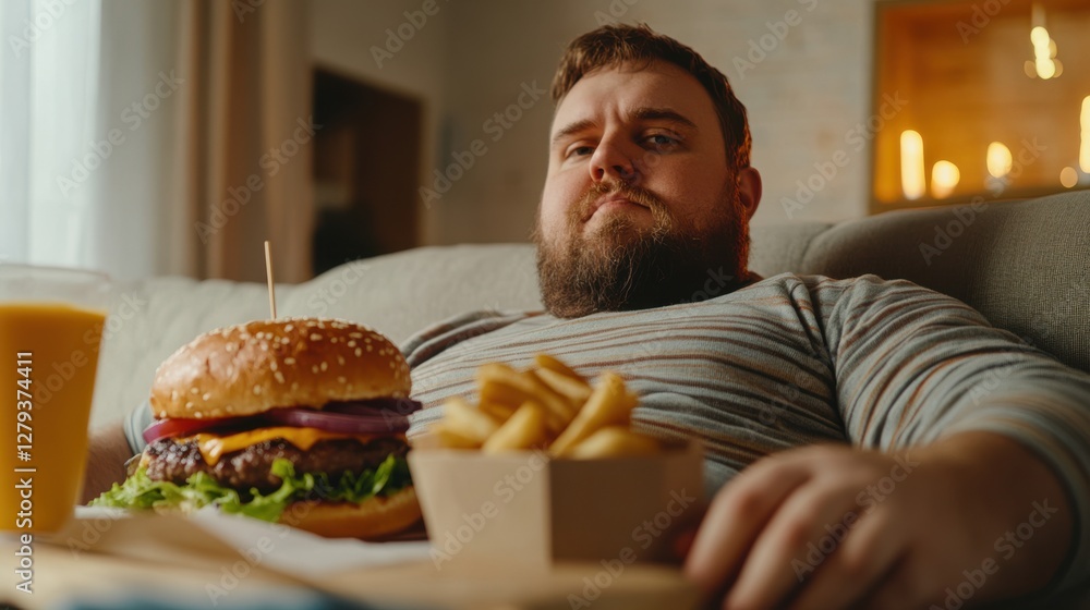 Fat man eating fast food hamberger. Breakfast for overweight person ...