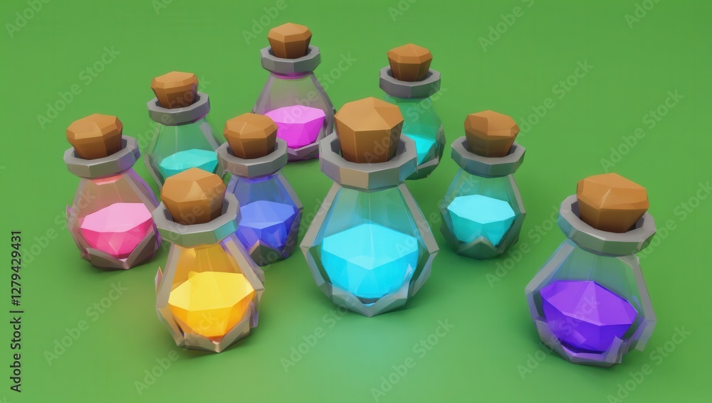 Low-poly 3d potion bottles, filled with liquids of a different color on ...
