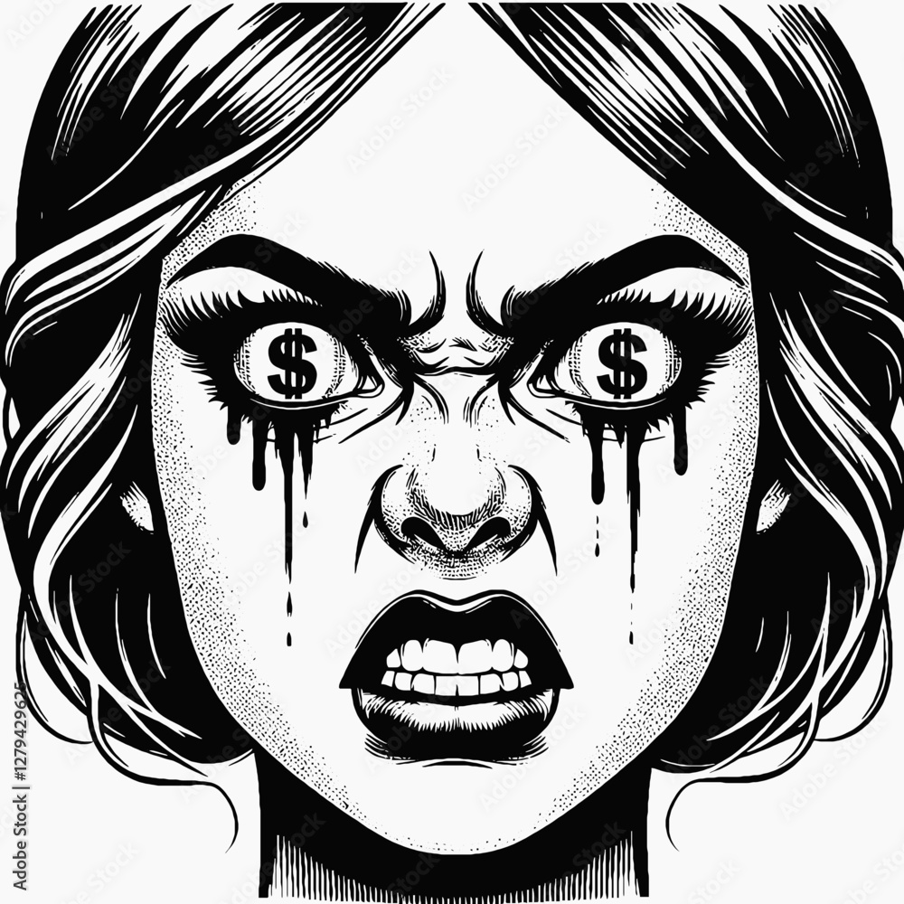 Scary woman face with dollar symbols in their eyes and angry emotional ...