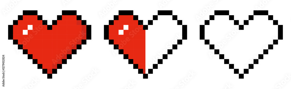 Pixelated heart life bar with decreasing health, 8 bit, retro games ...