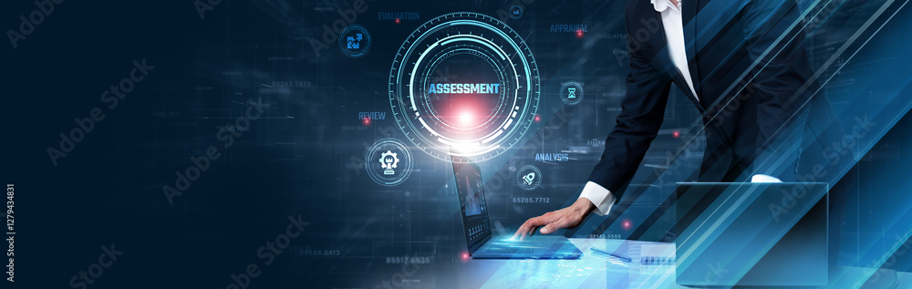 Assessment: Businessman uses laptop and synchronizes data of ...