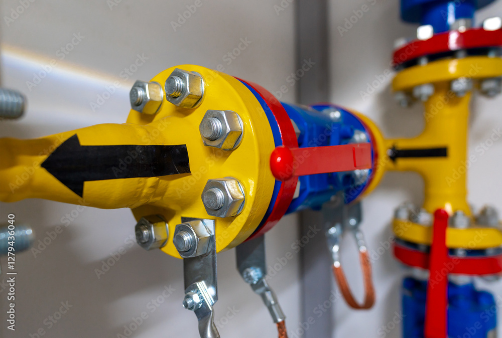 Natural gas pipeline with flanged connection and flow direction marking ...