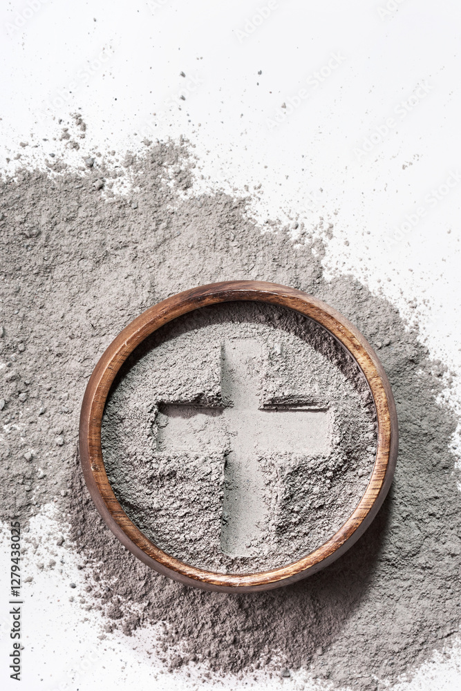 Wooden bowl with ashes and cross on ash and white background. Ash ...