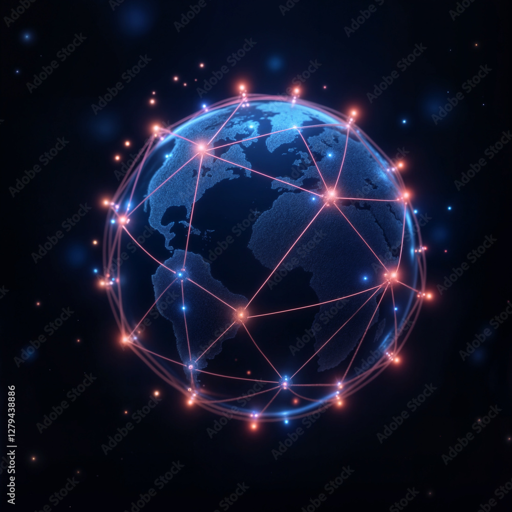 Digital Global Network with Connected Nodes and Glowing Data Points ...