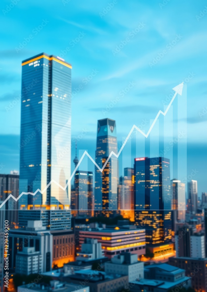 Financial chart on city scape with tall buildings background multi ...