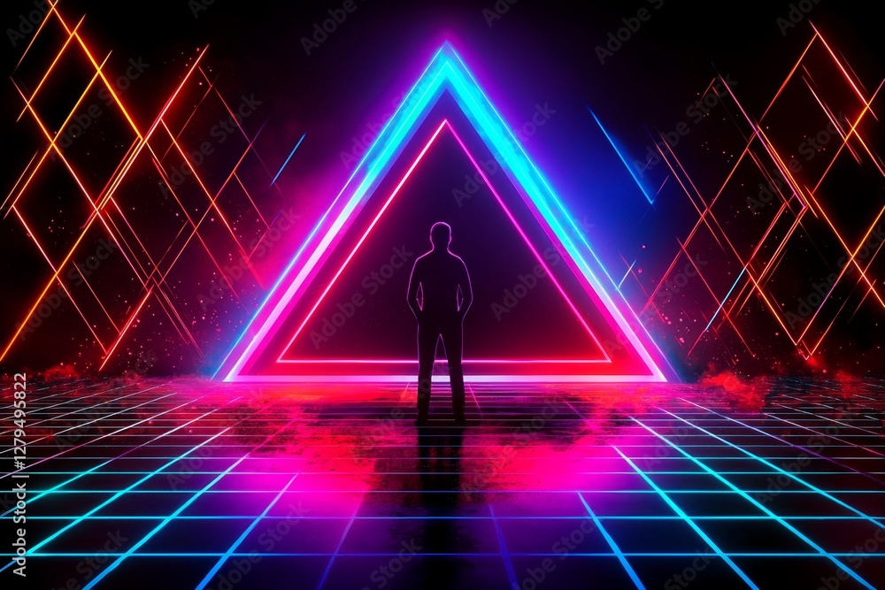 Neon Lights and Triangular Shapes in Retro Color Palette Stock ...