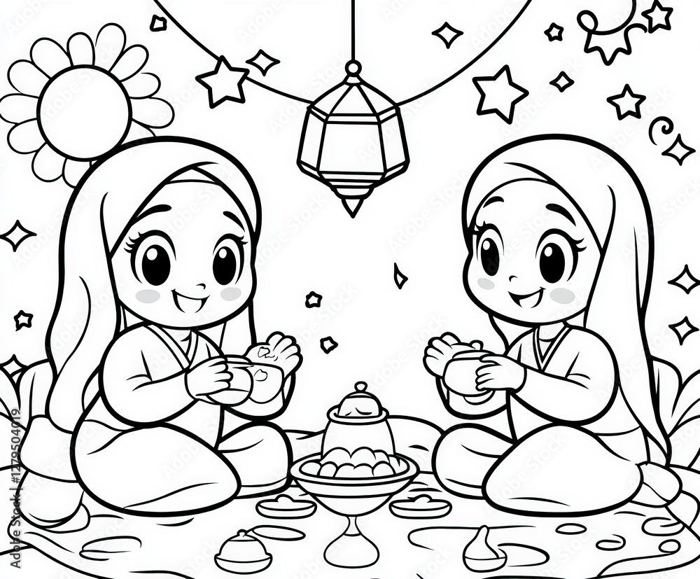 Kids playing traditional games during Ramadan, coloring page for kids ...