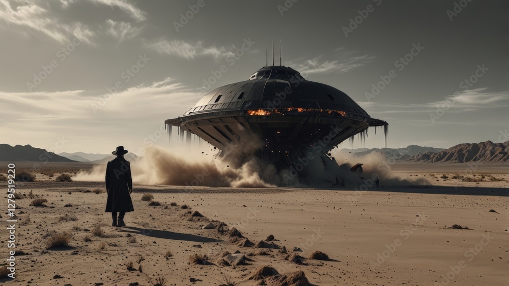 Retro 1950s UFO Crash in Desert with Dust Clouds and Mysterious Alien ...