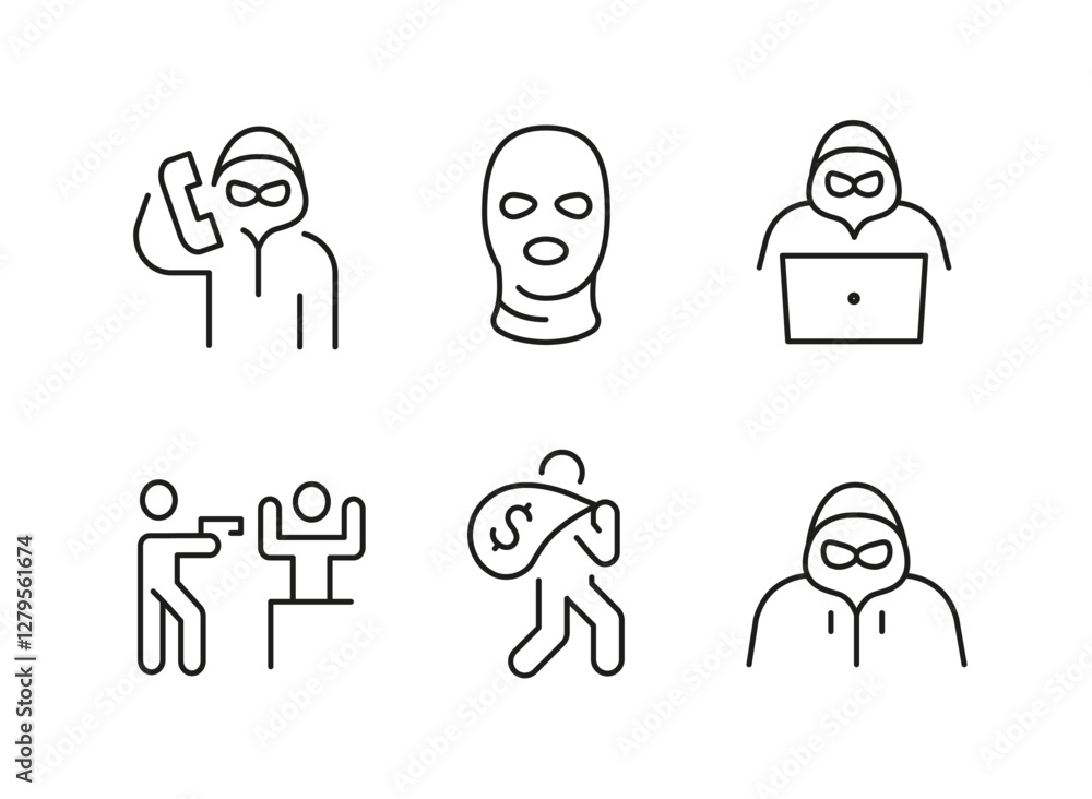 Crime icons. Set of 6 crime trendy minimal icons. Gun, Bomb, Incognito ...