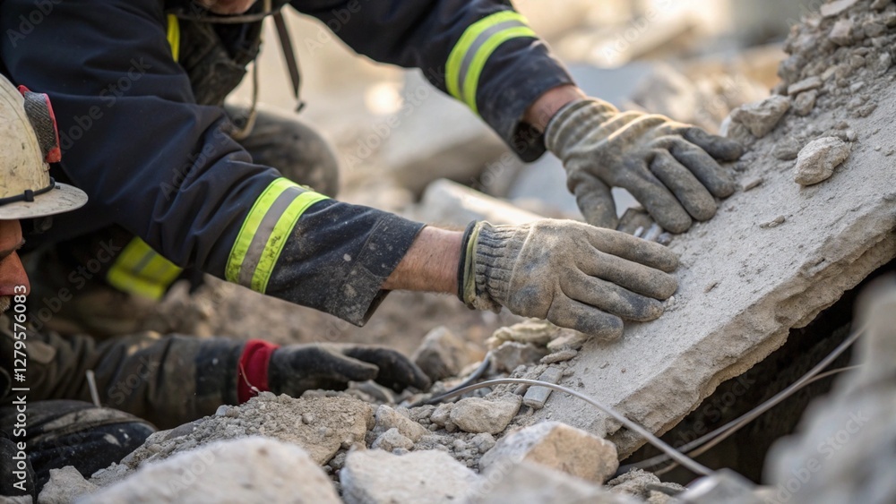 Close up on gloved hands sorting through rubble, representing the ...