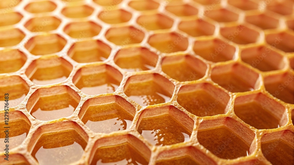 Golden honey in hexagonal honeycomb cells, highlighting the perfect ...