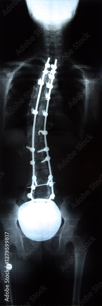 X-ray of the spine titanium screw and rod prosthesis for scoliosis and ...