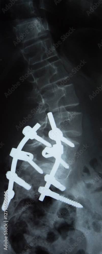 X-ray of the spine titanium screw and rod prosthesis for scoliosis and ...