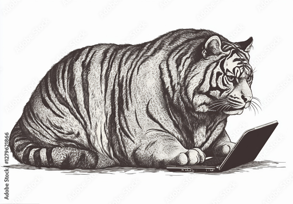 Ilustración de Stock Vector line art of a fat tiger, vector graphic ...